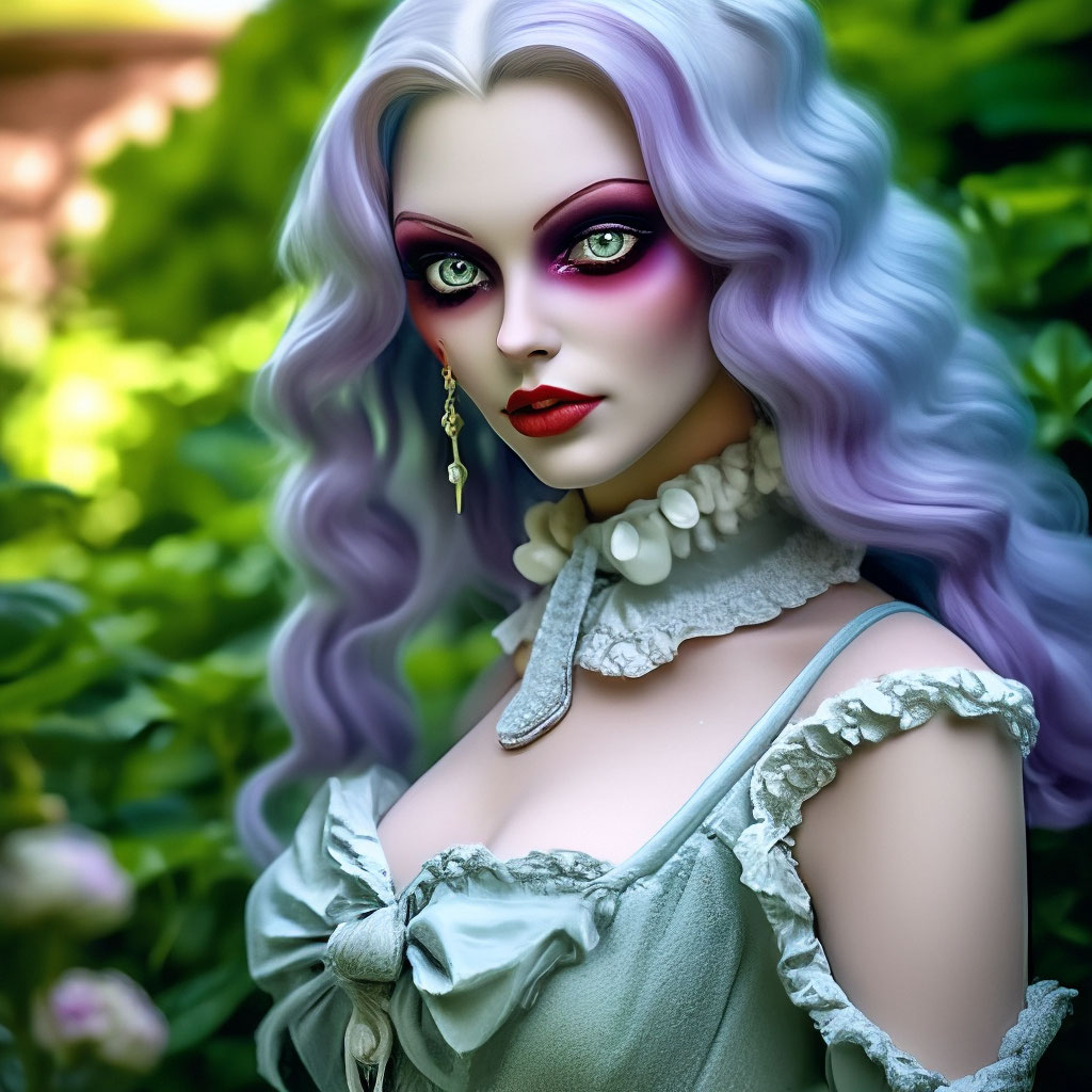 "Strange, unusual vampire in a summer dress in the garden ...