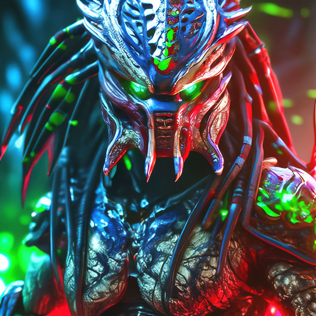 "Megarealism, high detail, bloodthirsty Predator, blue green red neon ...