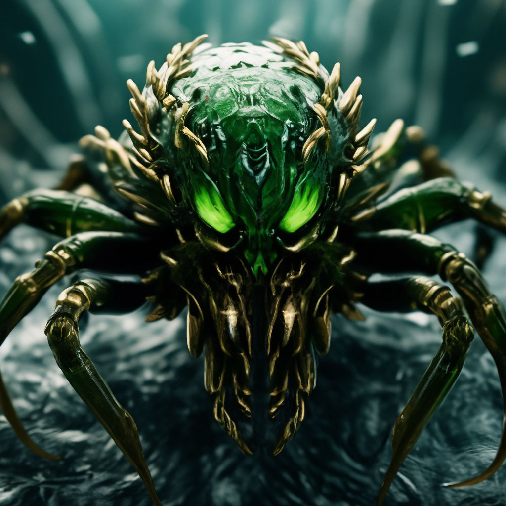 "The creature from the abyss. green with precious stones and spider ...