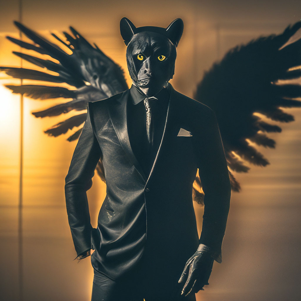 "Cheetah of human anatomy with demonic wings in a black suit ...