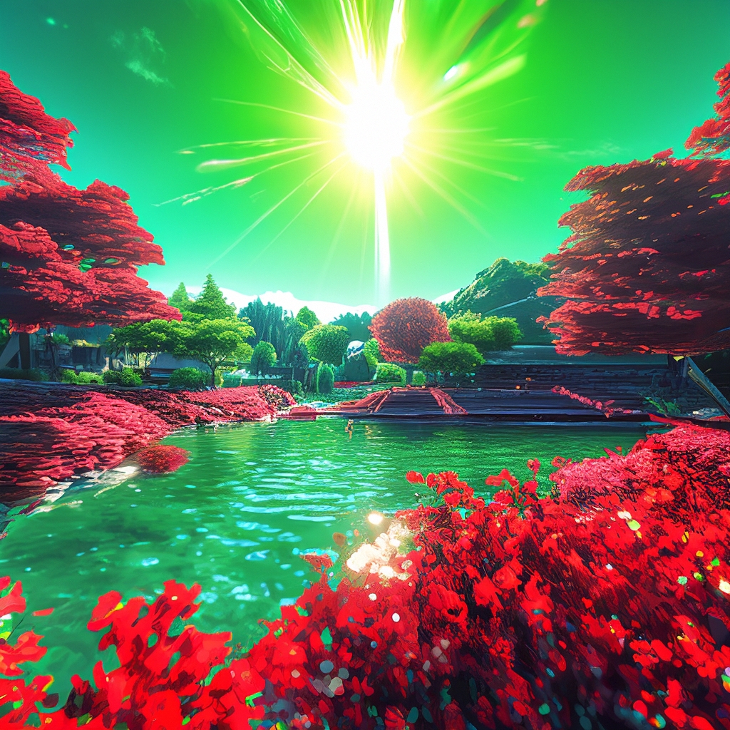 "Deep space, green sun, red vegetation, water, glare, professional ...