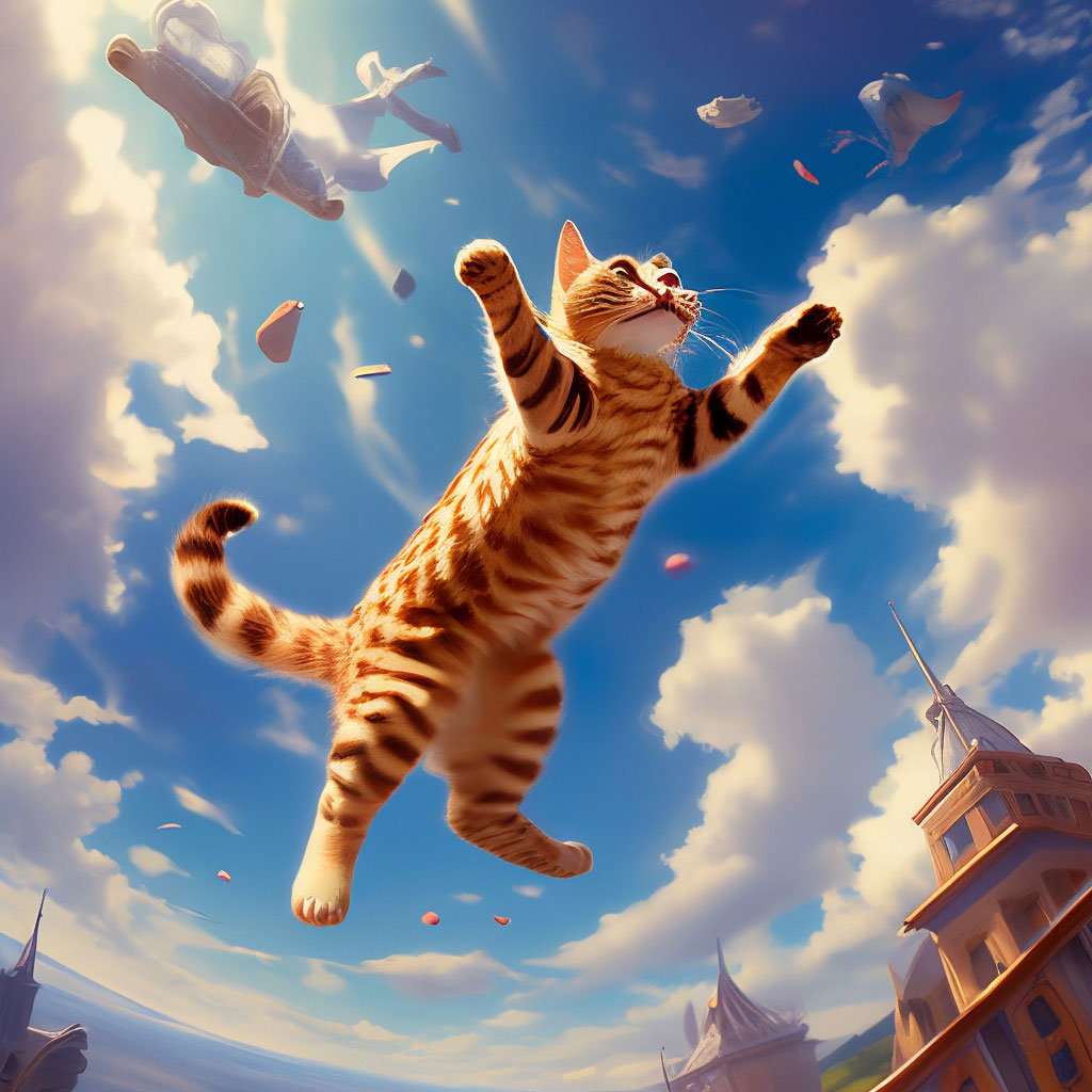 "The cat does a somersault in the sky" — image created in Shedevrum