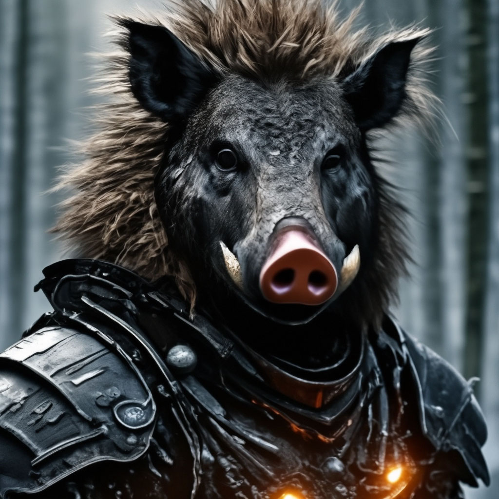 "Anthropomorphic boar-adventurer, cybergoticism, in the style of ...
