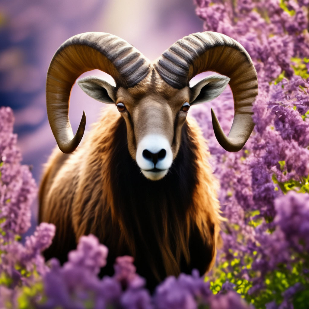 "Detailed mountain sheep with brown fur and big horns frolics in lilac ...
