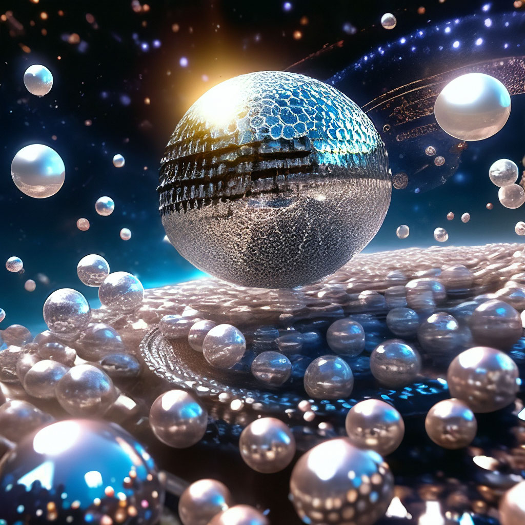 "Hyperboloid, space disco ball rotates in the middle of pearl planets ...