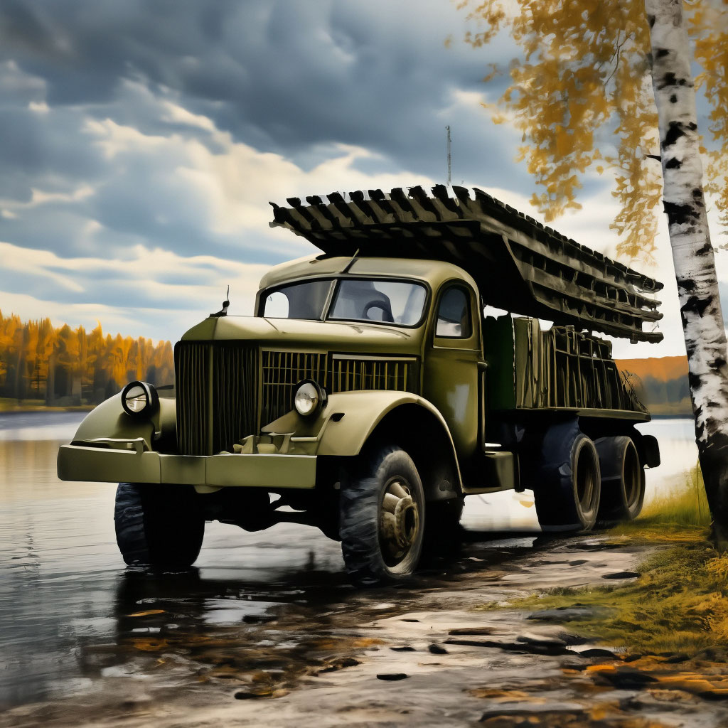"BM-13 Katyusha car stands on the riverbank near a birch tree" — image ...