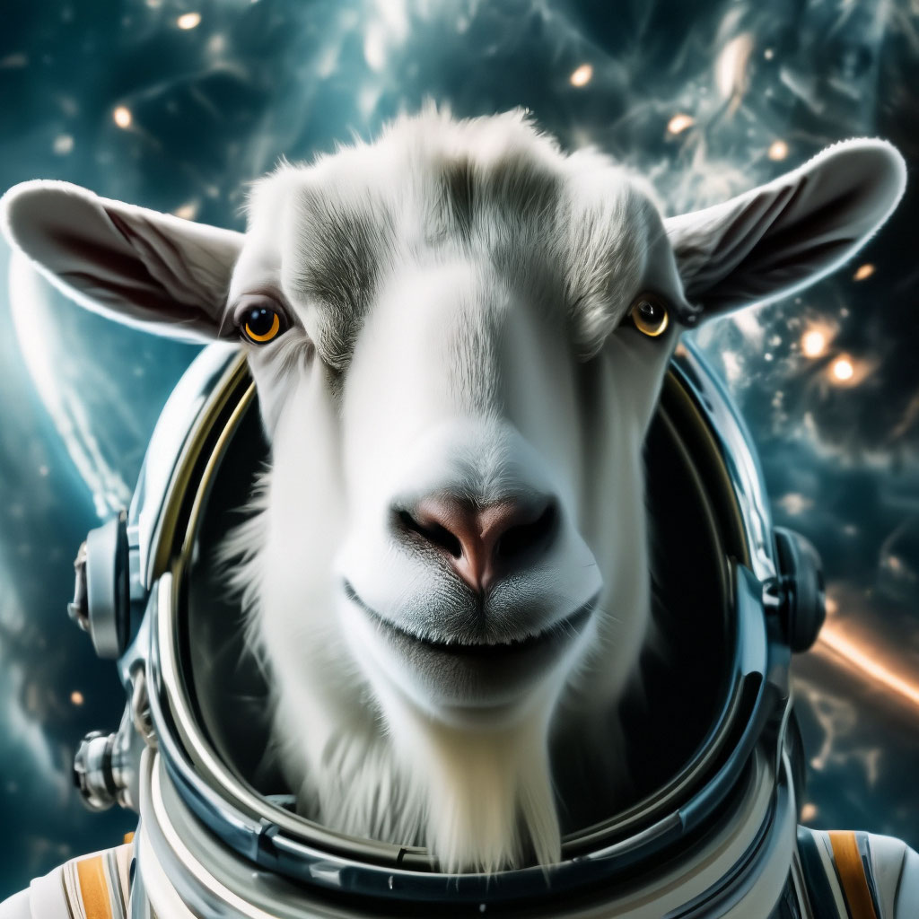 "A white goat in space" — image created in Shedevrum