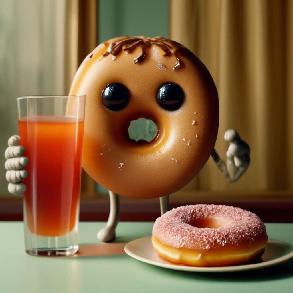 "Anthropomorphic donut 🍩 drinks juice 🧃, surrialism" — image created in ...