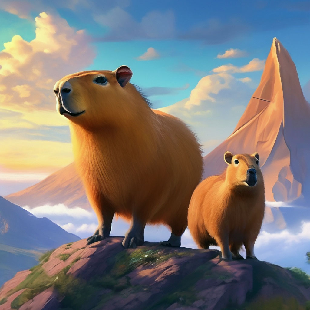 "Capybara and Shailushai are standing on the mountain" — image created ...