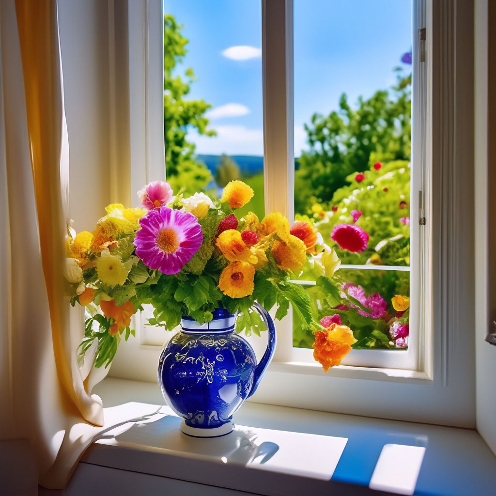 "Bright white room, window overlooking a beautiful garden, on the ...