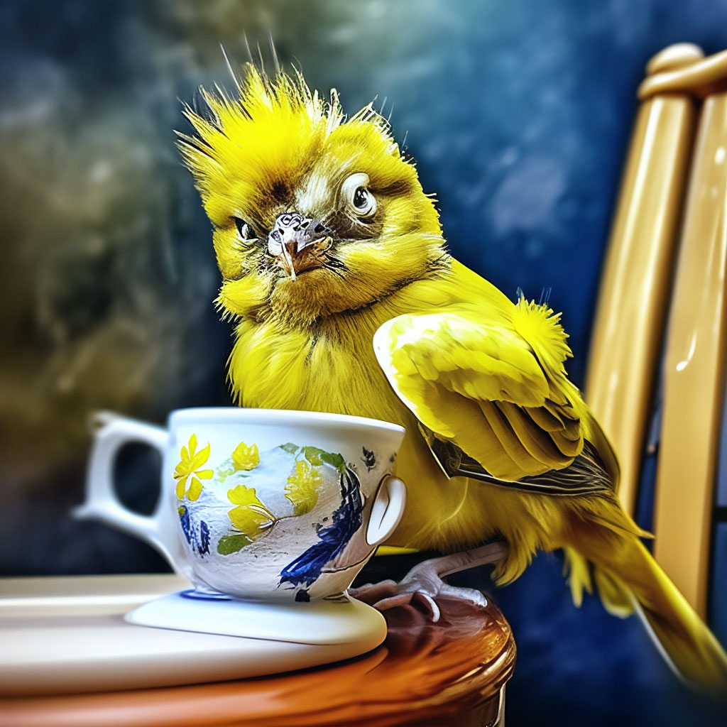 "A sleepy, disheveled crazy bird sitting in a chair from a transparent ...