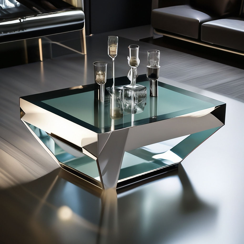 "Stainless steel and crystal coffee table" — image created in Shedevrum