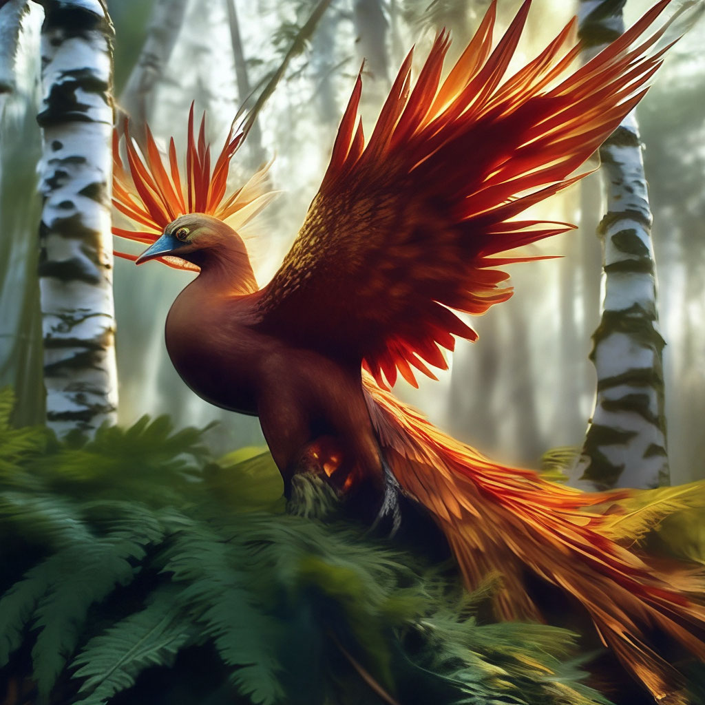 "Excerpt from the film Narnia big fiery Phoenix in a fairy forest, fern ...