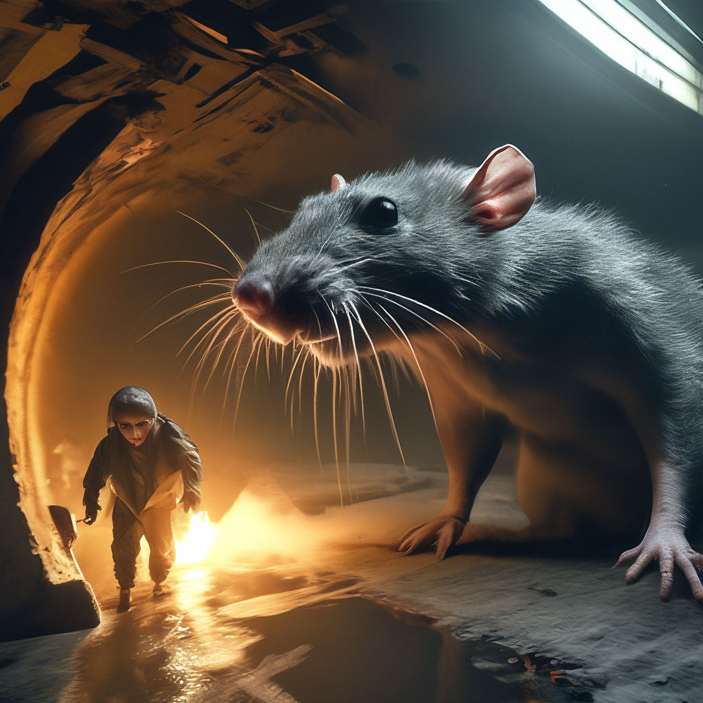 "A huge rat in an underground sewer, a small man escapes" — image ...
