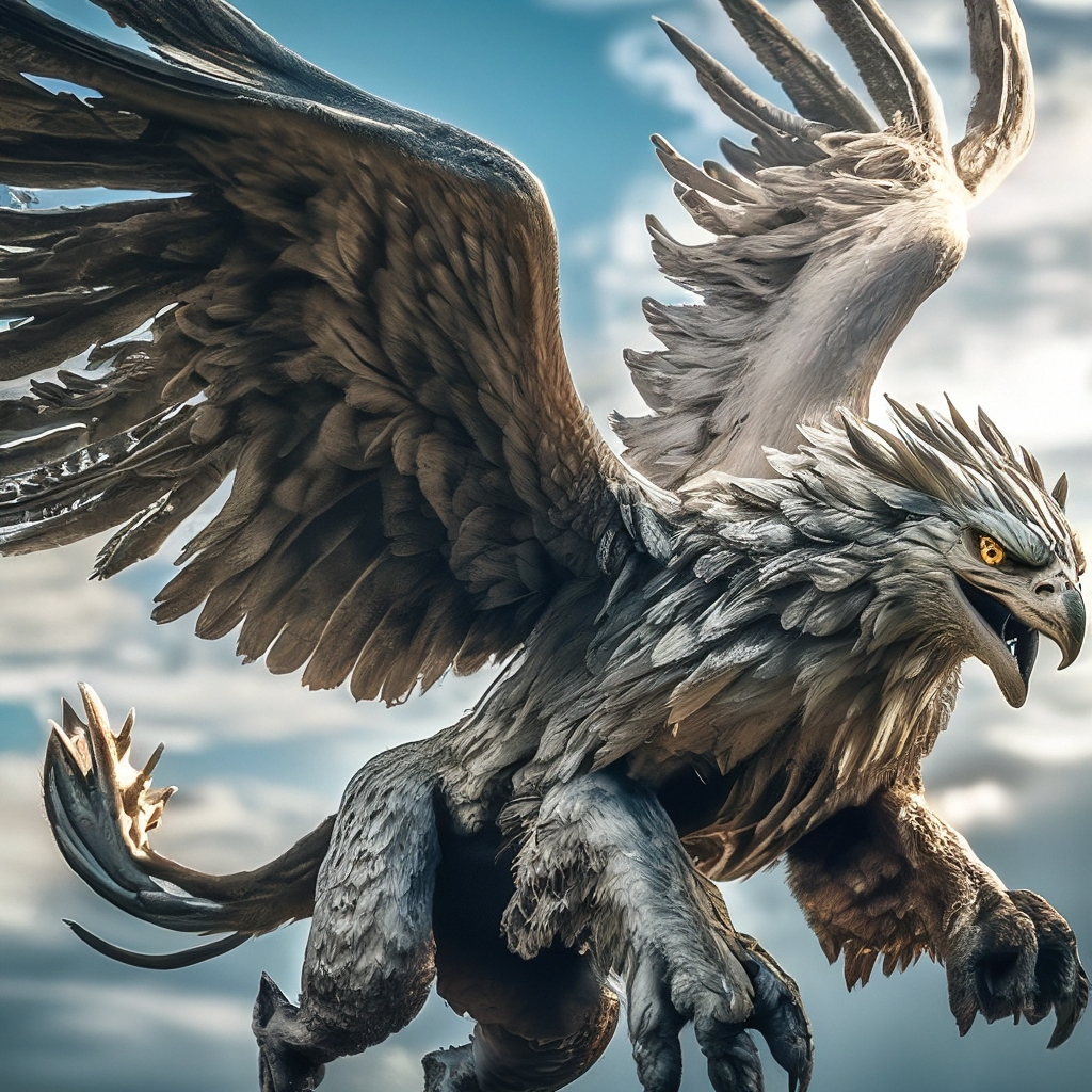 "Griffin, mythical creature, flying through the sky, focus on details ...