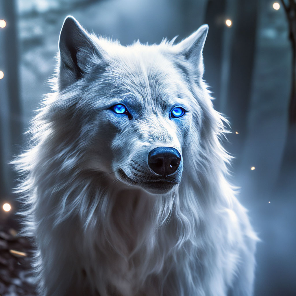 "Foggy, consisting of smoke and stardust, spectacular demon-white wolf ...
