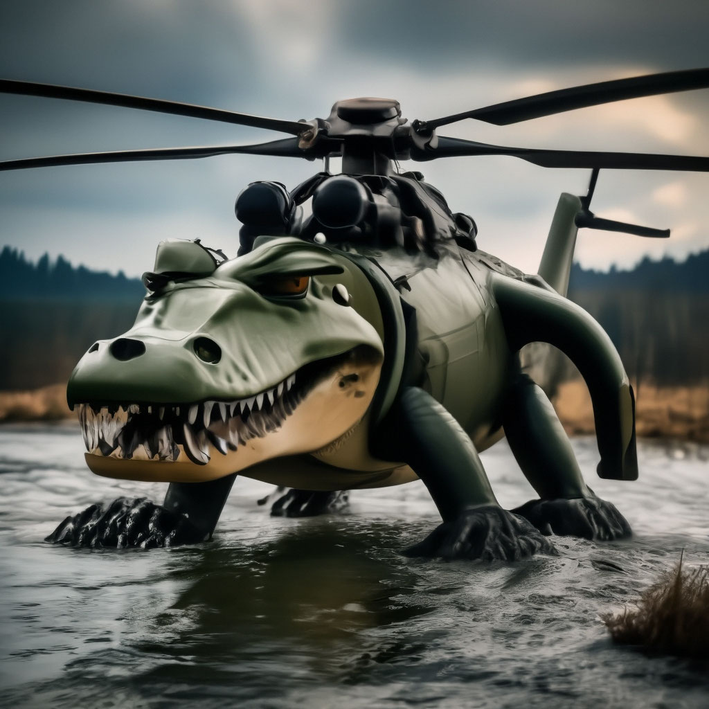 "A hybrid helicopter with a crocodile" — image created in Shedevrum