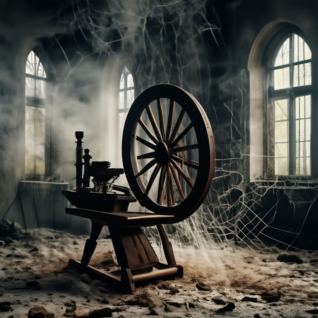 "Epic,antique spinning wheel,ghost from the smoke,spider web,dust ...