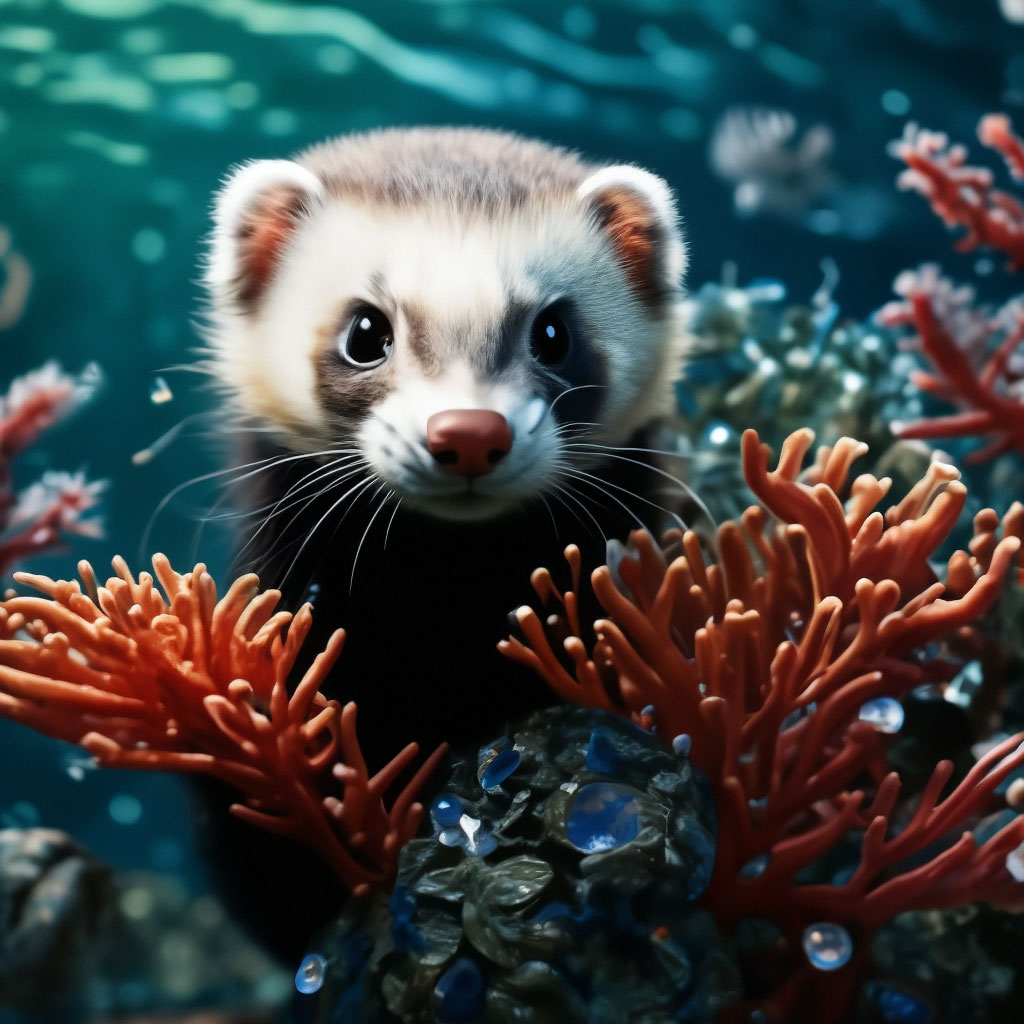 "Ferret+mermaid hyperrealism detailing floating underwater, carals ...