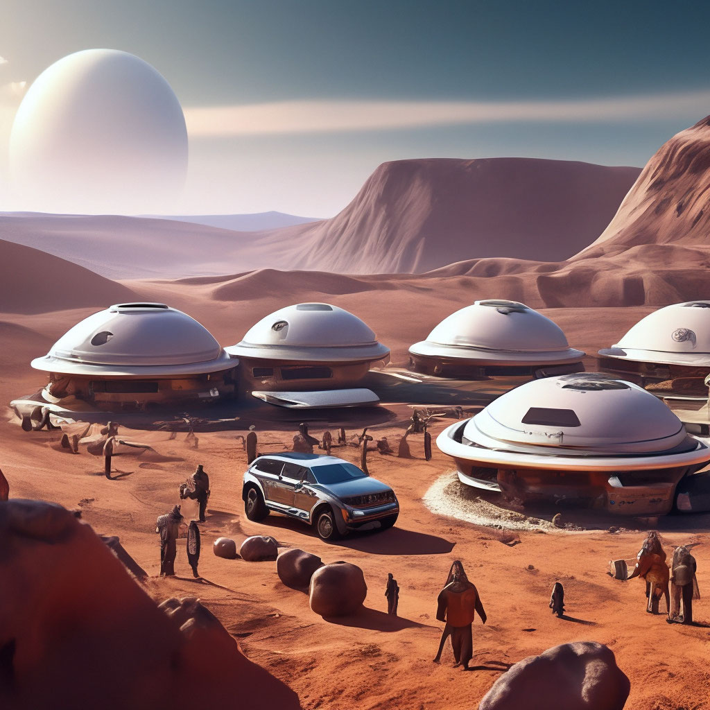 "A colony of people on Mars in domed houses among craters on the ...