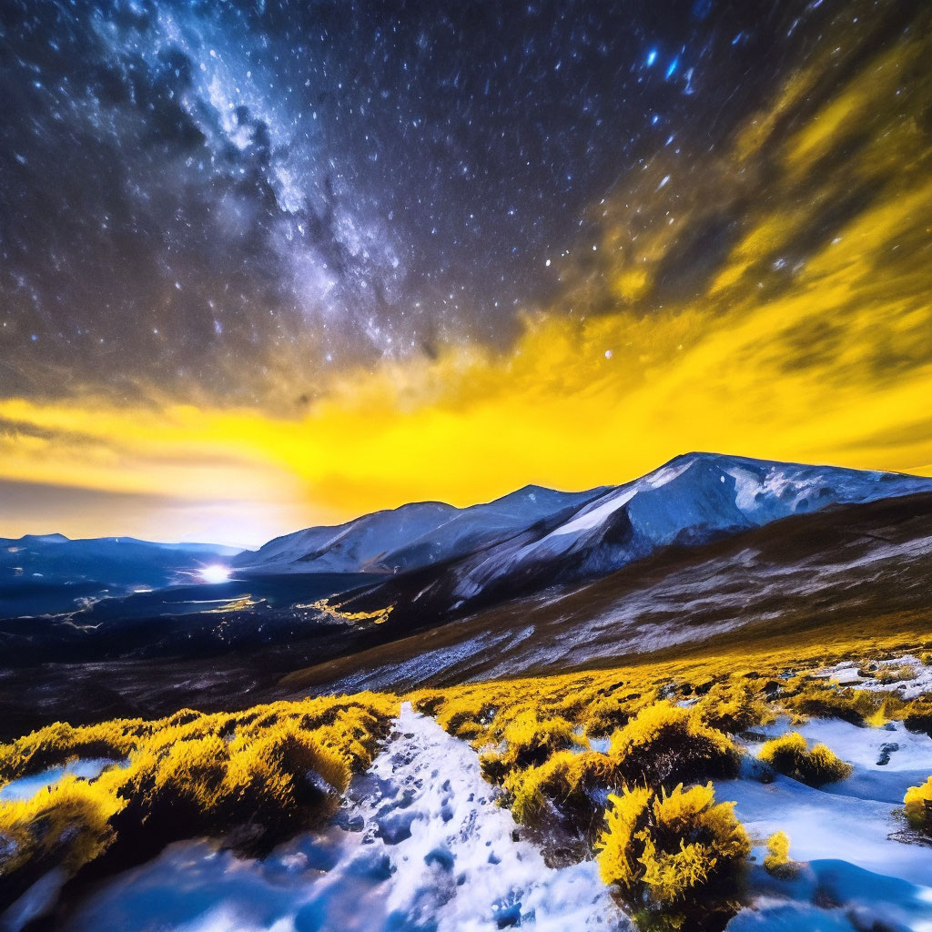 "Hyper yellow sky with stars it snows at night hills mountains" — image ...