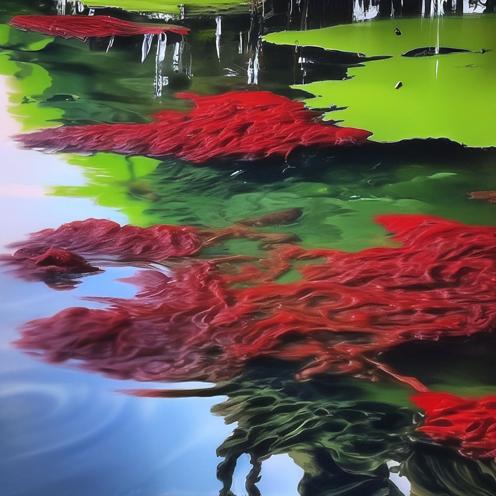 "Red, green. black, gray algae in the water hyperrealism, beautiful ...