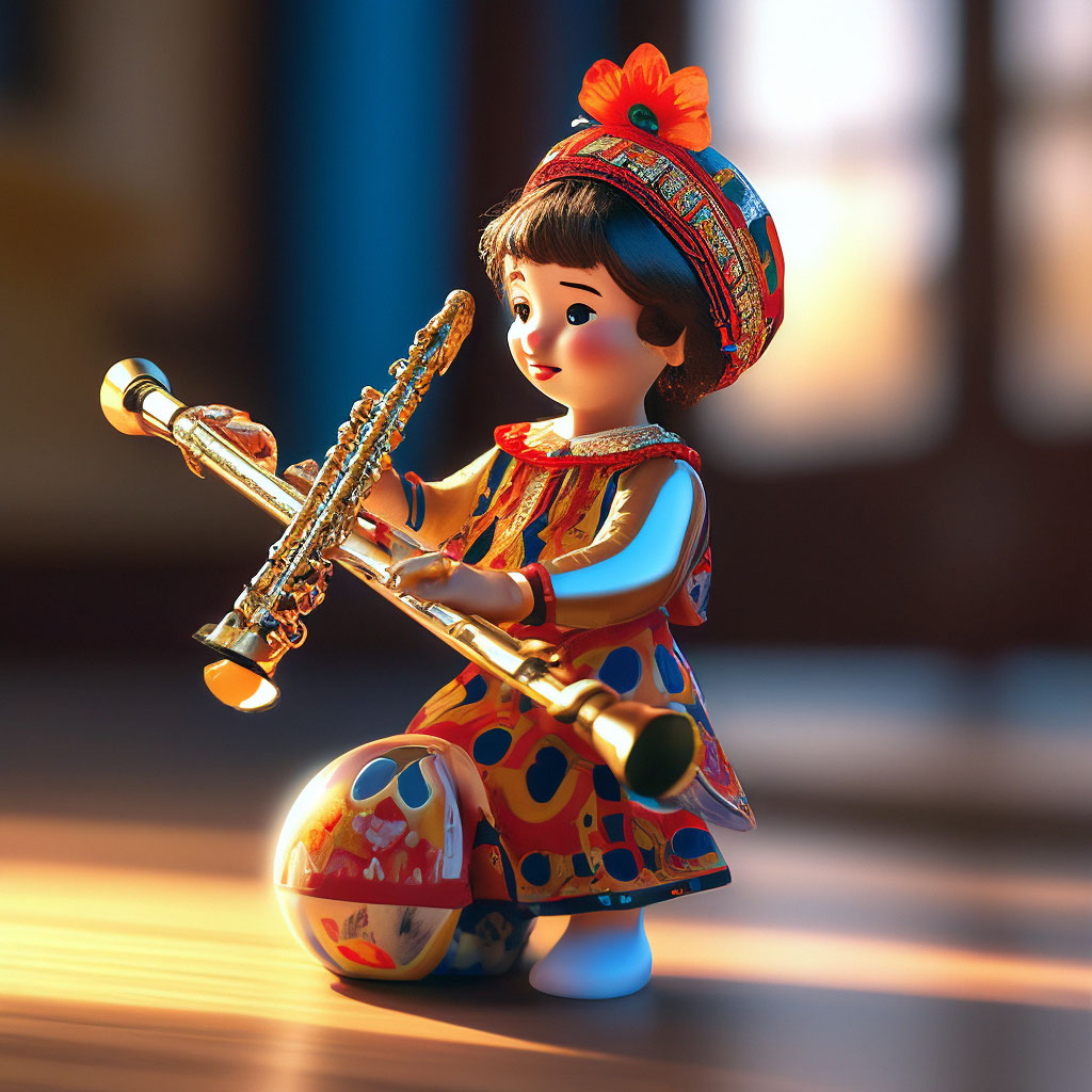 "A small cute spinning top in a Spanish folk costume plays a musical ...