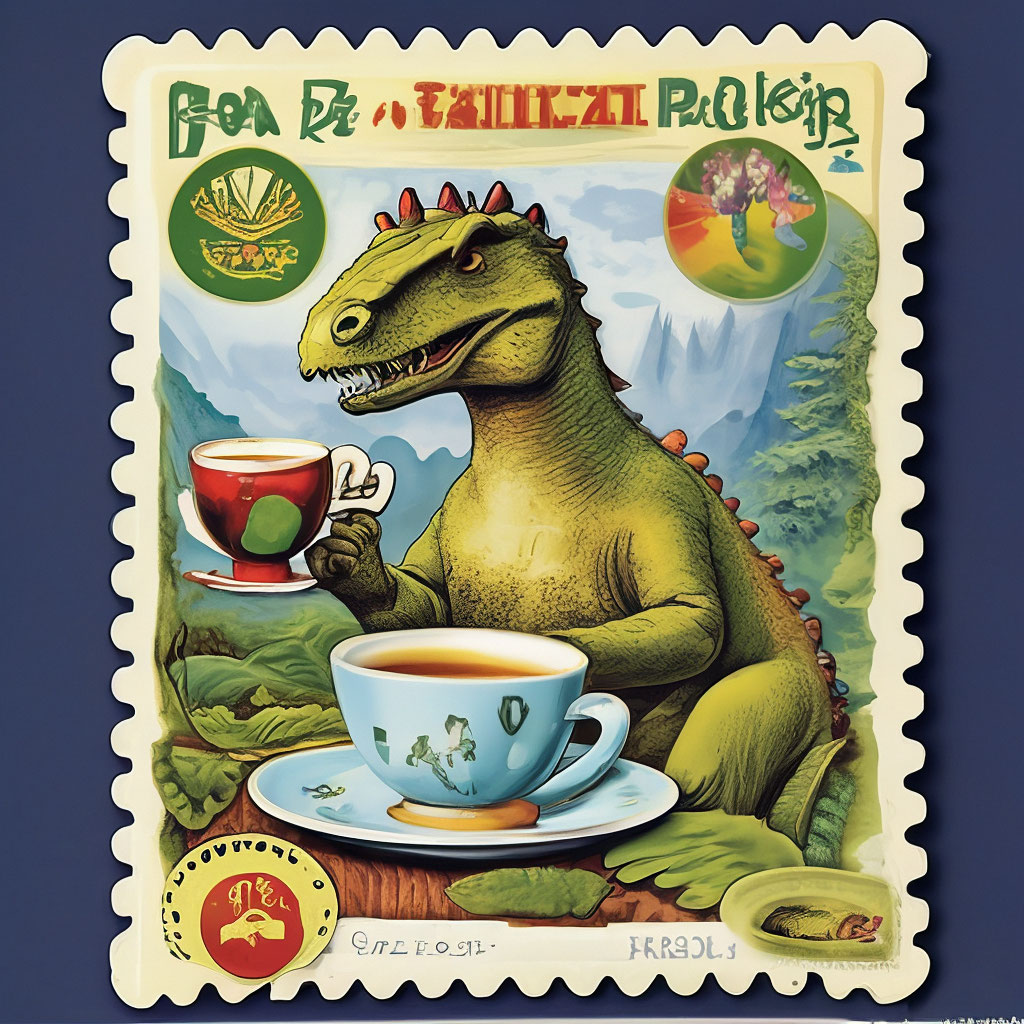 "Dinosaur drinks tea, postage stamp" — image created in Shedevrum
