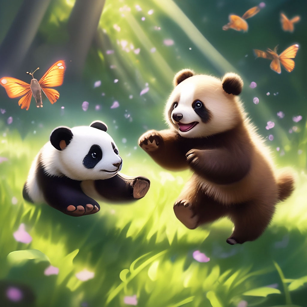"Two paws, a hyper cute panda and a cute brown bear tumbling together ...
