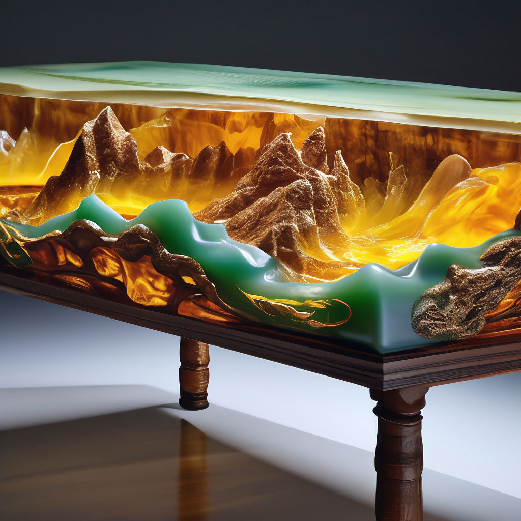 "Jade amber carved marquetry table with a winding epoxy resin insert in ...
