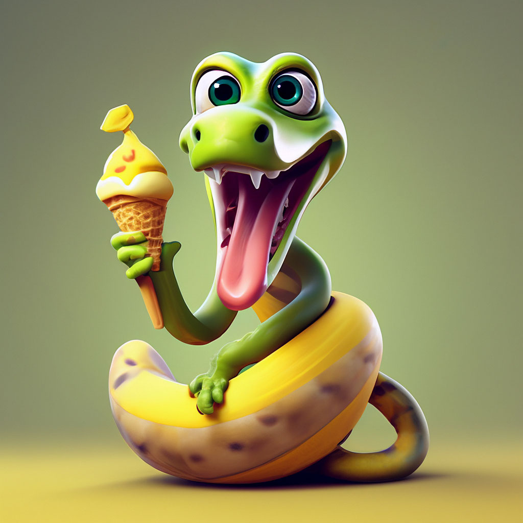 "Snake banana ice cream caricature character" — image created in Shedevrum
