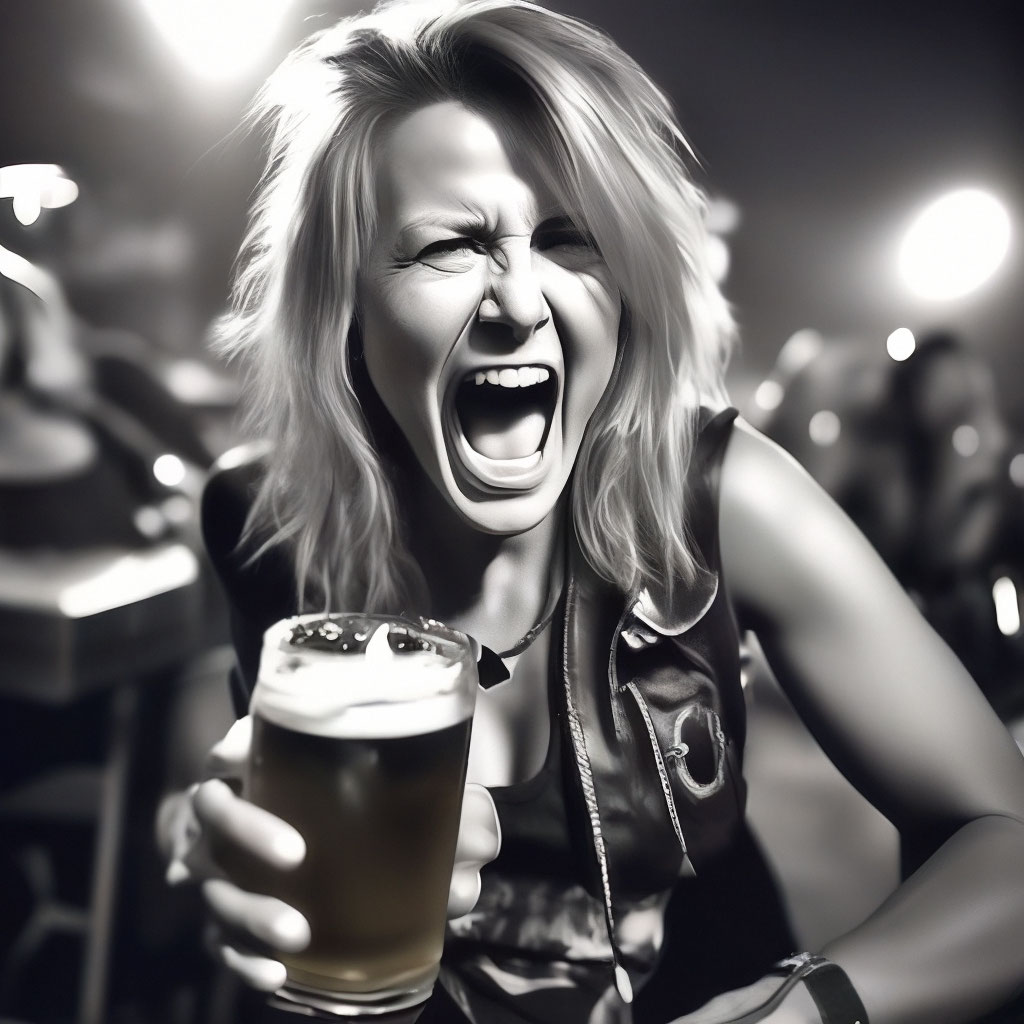 "Photo of a female rocker, 39 years old, metal, she has a beer mug in ...