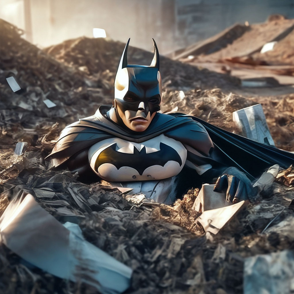 "Batman in the trash crashed lying in a landfill, realistic ...