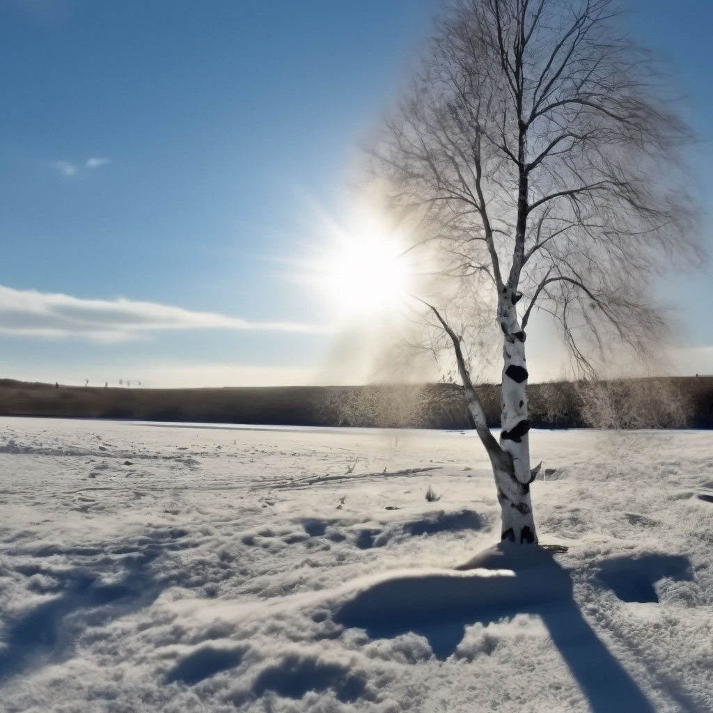 "Endless snow field, a lonely birch in frost, bright sun, snow ...