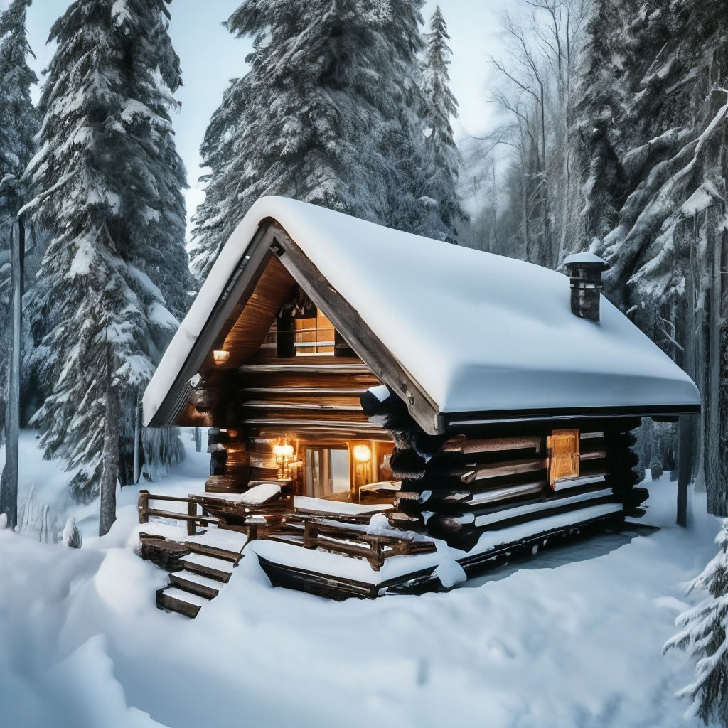 "A small log hut covered with snow 66k" — image created in Shedevrum