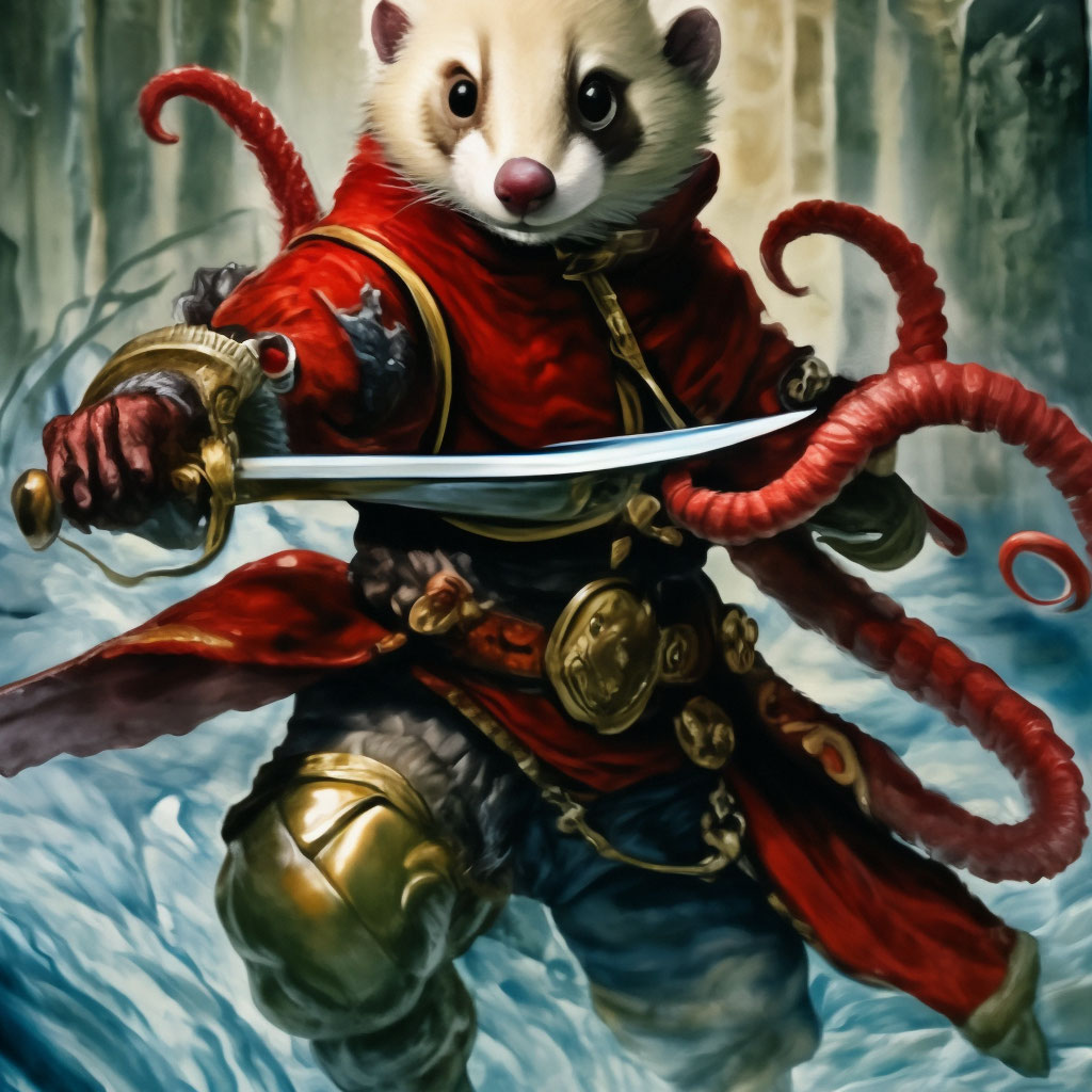 "Watercolor sketch, anthropomorphic pumped-up ferret man fighting with ...