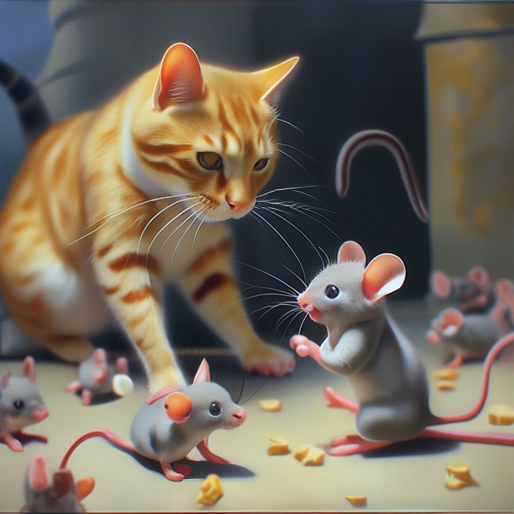 "The mice caught the cat and beat him with their feet" — image created ...