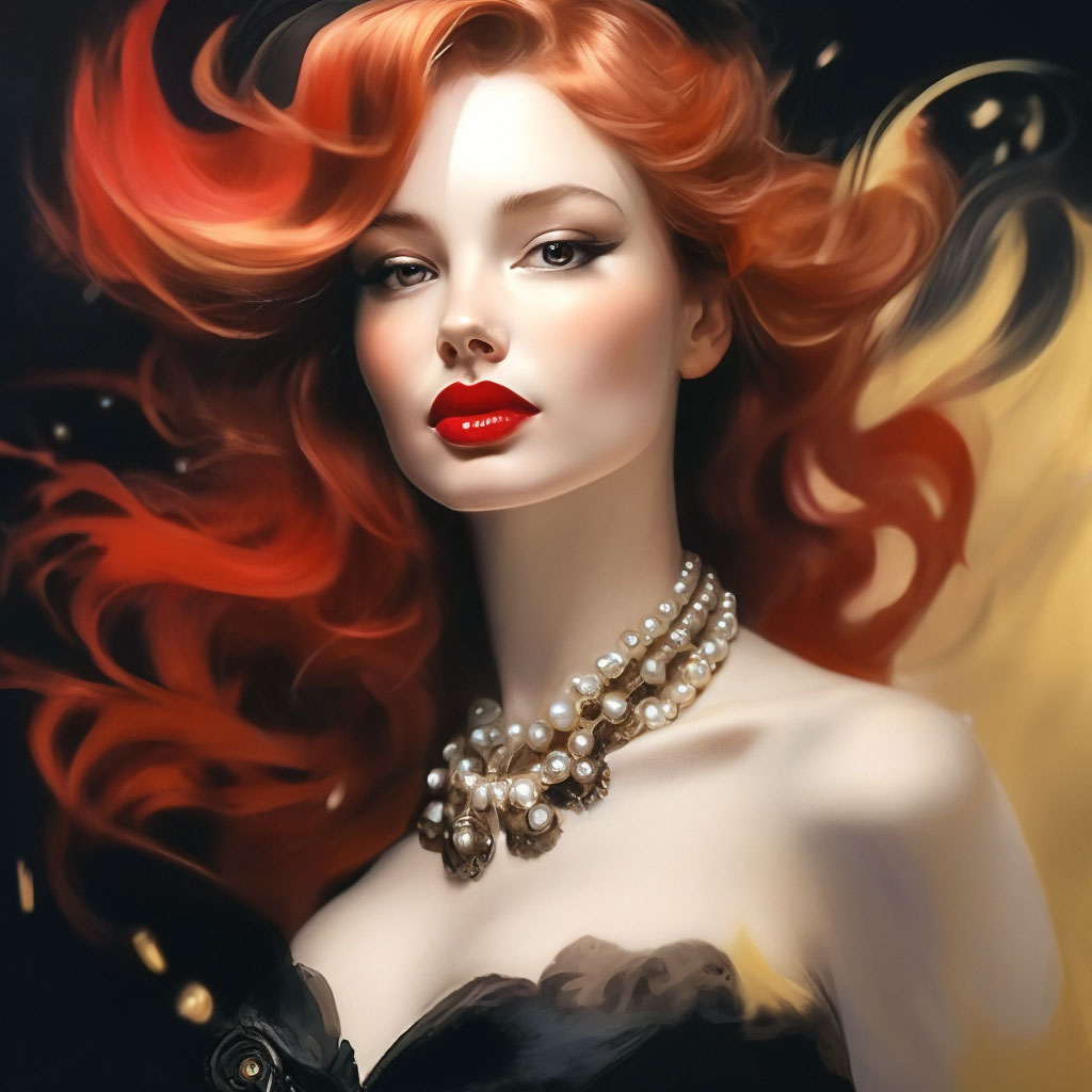 "Beautiful woman, portrait, perfect figure, dynamic pose, pearls, black ...