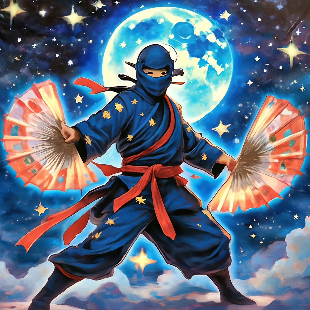 "Ninja with two fans, in a low stance, color - starry sky" — image ...