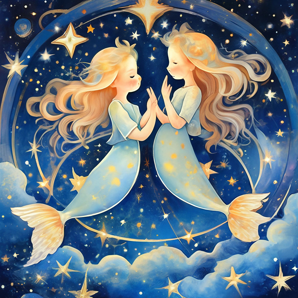 "Pisces zodiac sign, starry sky, dawn, children's illustration, gentle ...