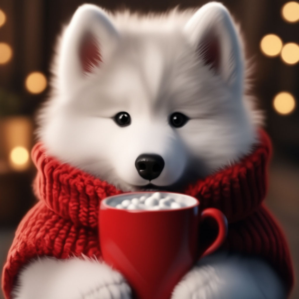 "Realistic tiny fluffy Samoyed husky puppy hugs a red cup of cocoa with ...