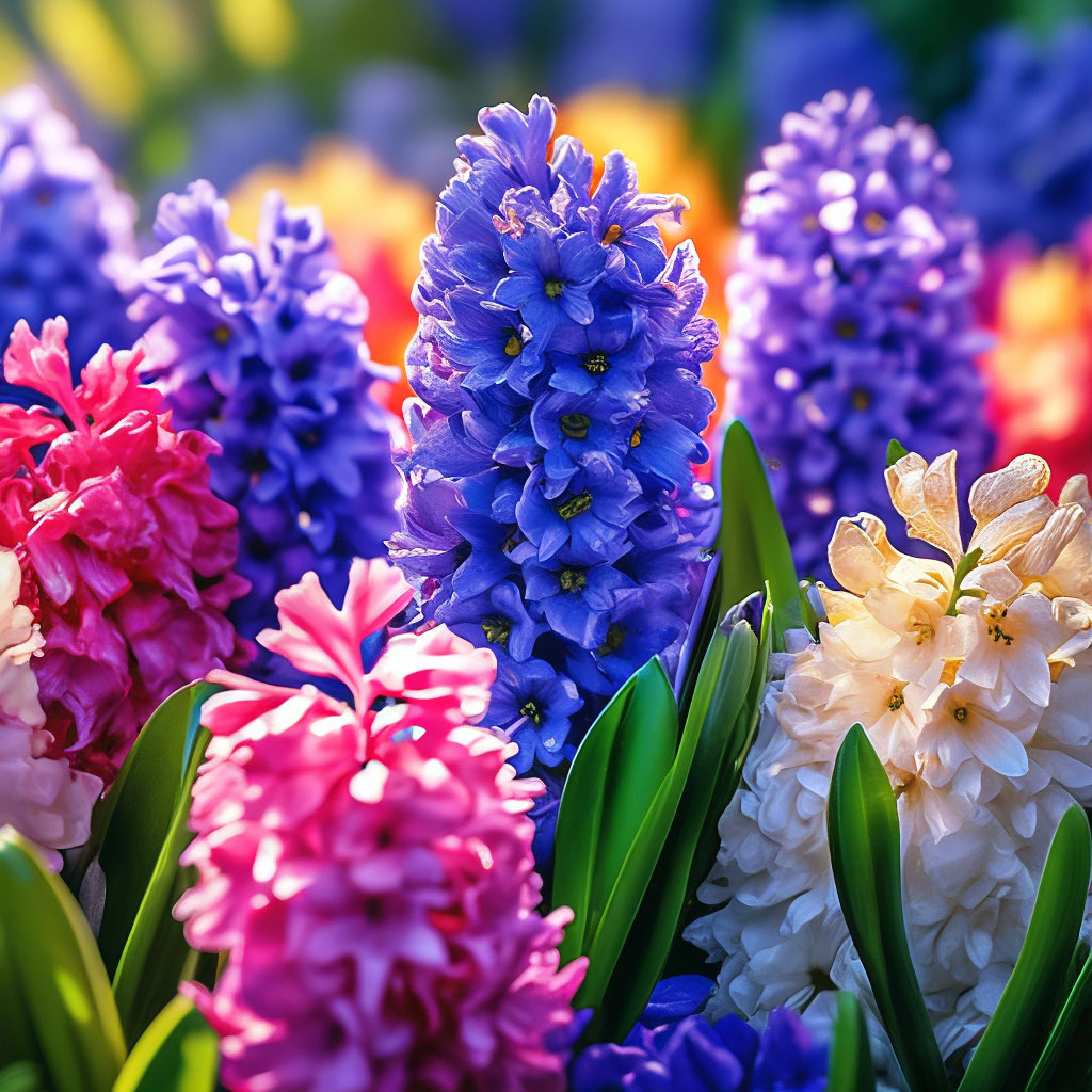 "Hyacinths in the garden, different colors, transitions, drawing with ...