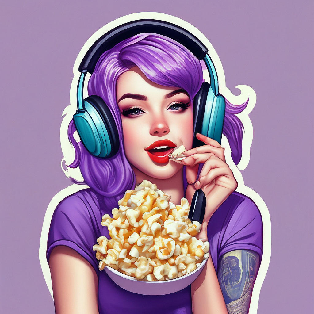 "A girl in headphones with purple hair in a pinup style on a white ...