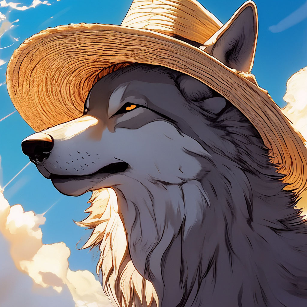 "Cartoon wolf in a big straw hat with wide brim, 64k, fantasy, high ...