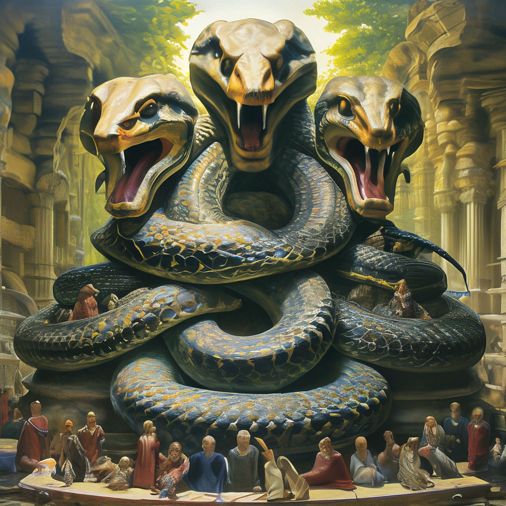 "The world of snakes and in the center sits a huge three-headed king ...