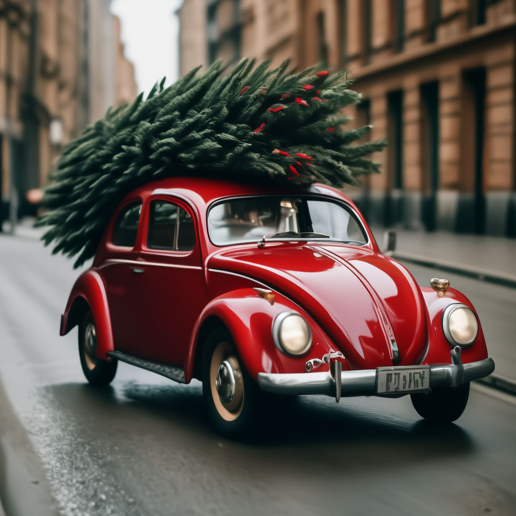 "A red car is carrying a Christmas tree" — image created in Shedevrum