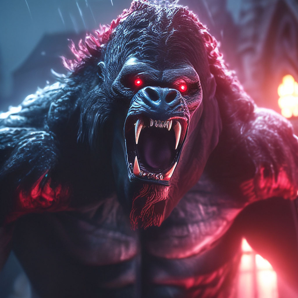 "Gothic vampire gorilla with glowing red eyes and sharp fangs ...
