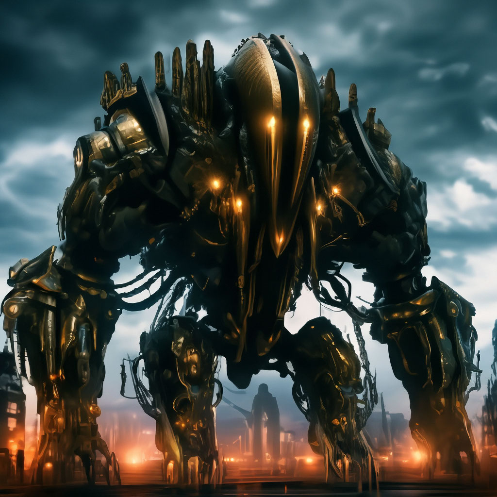 "An artwork of an enormous cyborg creature, in the style of baroque ...