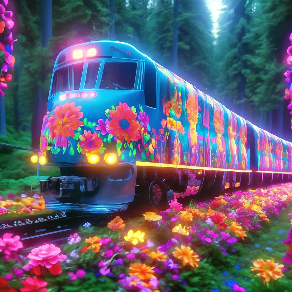 "A train completely decorated with flowers and patterns rides into the ...