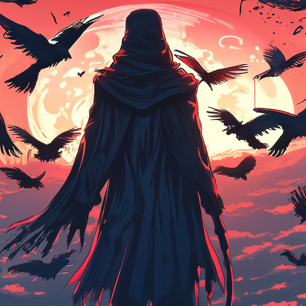 "Night, red moon, black crows turn into a black silhouette in a long ...